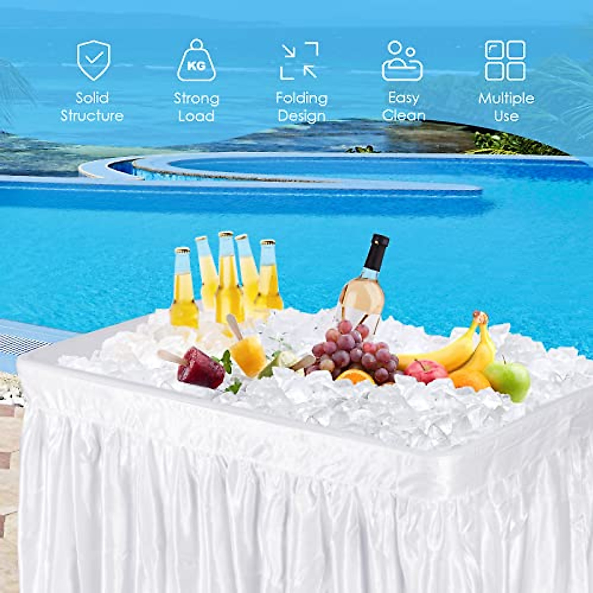 KOTEK Folding Ice Cooler Table with Matching Skirt & Drain Hose, Foldable Beverage Cooler Table Buffet Cooler Server, Portable Chill Table for Party, Picnic, BBQ, Camping