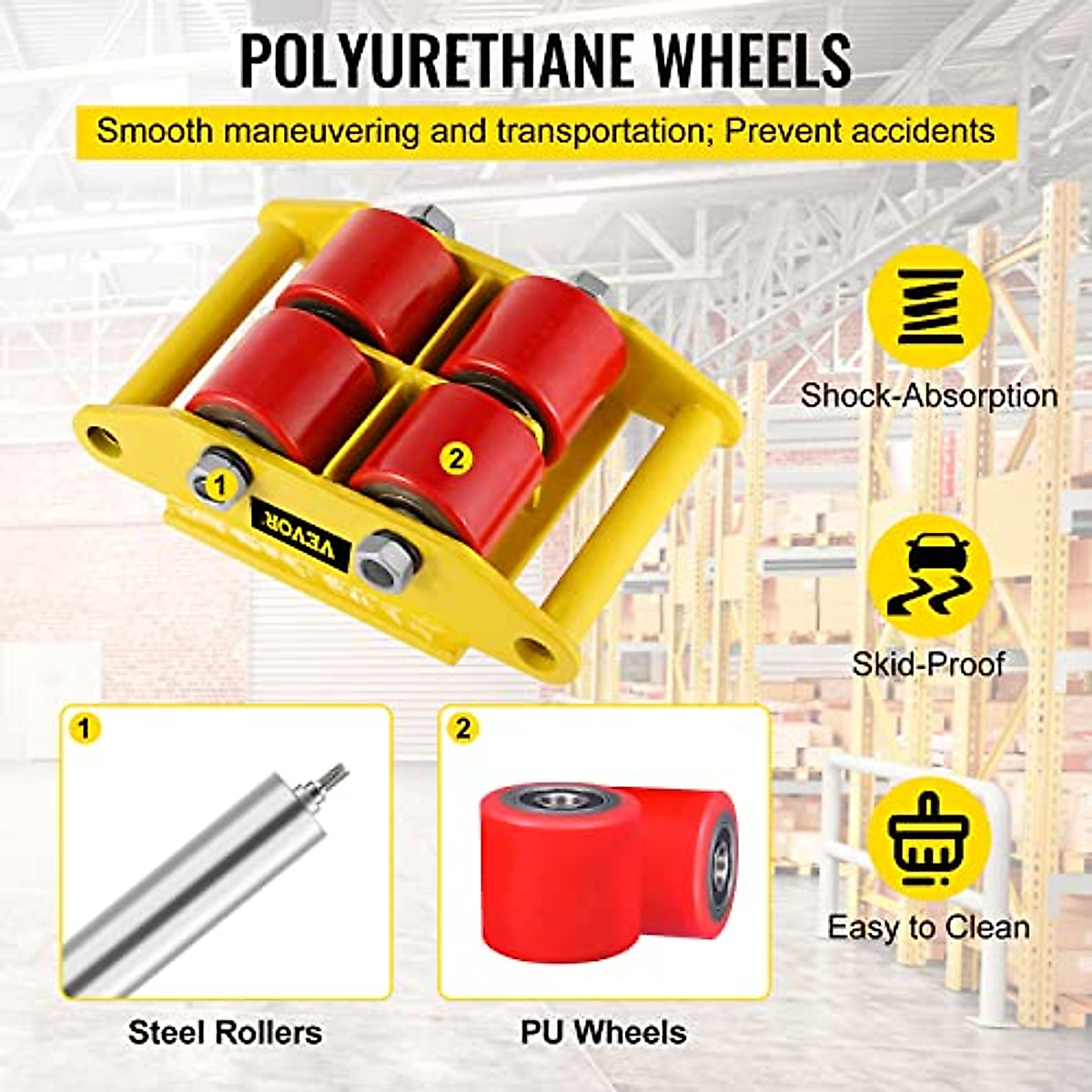 OrangeA 6T Industrial Mover 13200LBS Machinery Skate with Steel Rollers Cap 360 Degree Rotation