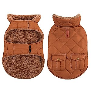 Queenmore Warm Dog Coat, Cold Weather Puffer Dog Coat, Quilting Winter Dog Jacket Ultra Thick Plush Lining with Storage Pockets (Brown, Large)