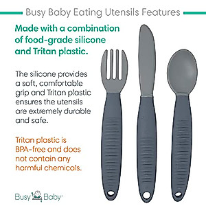 BUSY BABY Eating Utensils for Babies & Toddlers | Fork, Spoon, & Knife | Food-Grade Silicone & Tritan Plastic | Dishwasher Safe, BPA Free (Pewter)