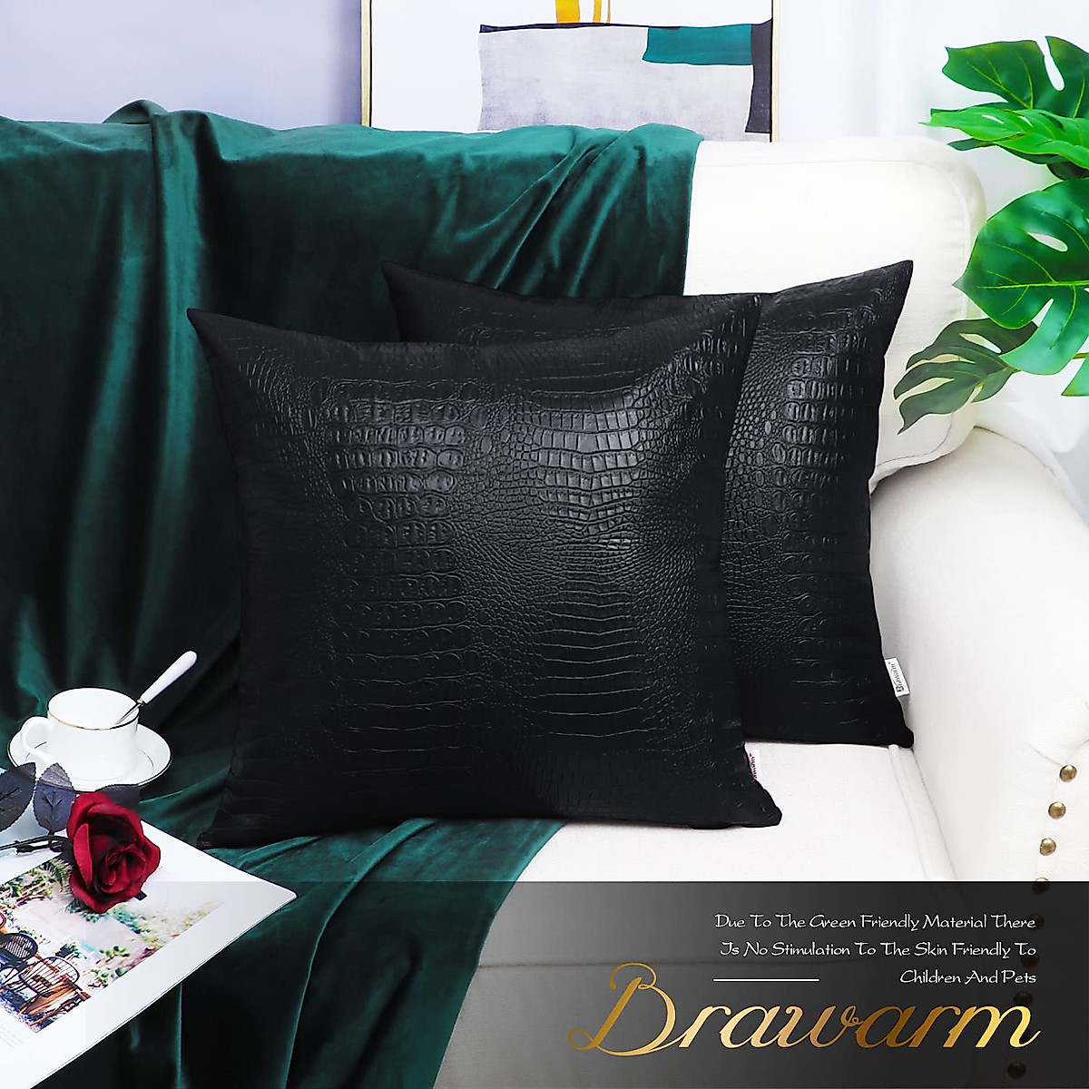 BRAWARM Faux Leather Pillow Covers 22 X 22 Inches, Black Leather Pillow Covers Pack of 2, Crocodile Leather Decorative Throw Pillows for Living Room Couch Bed Sofa Home