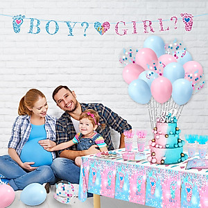 Gender Reveal Decorations, 146Pcs Gender Reveal Plates-Serve 24, Boy or Girl Party Tableware Set with Disposable Paper Plates Napkins Cups Tablecloth for Gender Reveal Party Supplies