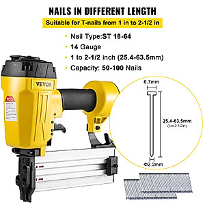 VEVOR Pneumatic Nail Gun, ST64 14 Gauge Heavy Duty Concrete T Nailer 1" to 2-1/2", Air Nailer for Hardwood to Concrete