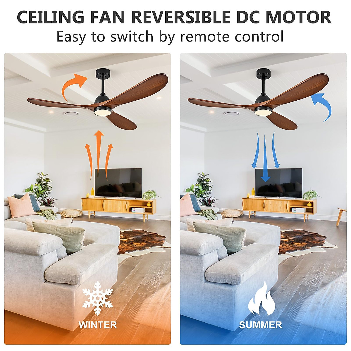 Eliora 54 inch Outdoor Ceiling Fan, Outdoor Ceiling Fans for Patios with Light and Remote Control, 3 Solid Wood Blades, Quiet DC Motor, Outdoor Ceiling Fans for Patios, Porch, Dark Walnut