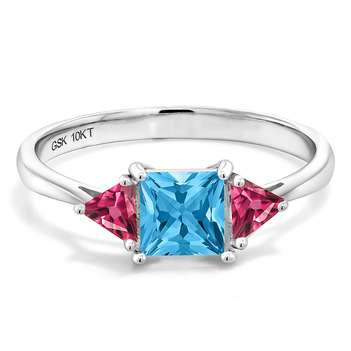 Gem Stone King 10K White Gold Swiss Blue Topaz and Pink Tourmaline 3 Stone Engagement Ring For Women (1.12 Cttw, Gemstone November Birthstone, Princess Center 5MM, Trillion 3.5MM) (Size 9)