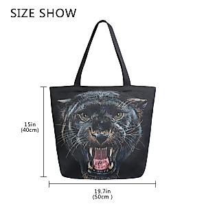 ALAZA Roaring Panther Animal Print Black Large Canvas Tote Bag Shopping Shoulder Handbag with Small Zippered Pocket