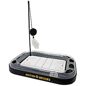 Pets First Cat Scratching Toy NHL Boston Bruins Hockey Field Cat Scratcher Toy with Interactive Cat Ball Bell in Tracks. 5-in-1 CAT Toy: Cat Wand Poll with Catnip Filled Plush Hockey Puck & Feathers.