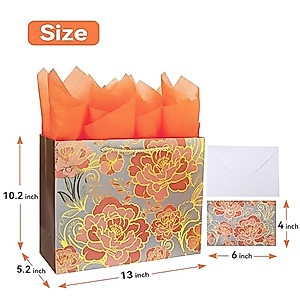 2 Pack 13" Large Rose Gold Gift Bag Set with Greeting Card and Orange Tissue Paper for celebrating birthdays,weddings,anniversaries,Mother's Day,and more-13"x10.1"x5.2”,2 Pcs.