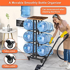 5 Gallon Water Jug Holder,3 Tier Foldable Heavy Duty Water Jug Stand Water Bottle Holder Organizer with Lockable Casters Water Dispenser Stand Rack with Removable Wood Top Shelf for 6 Bottles