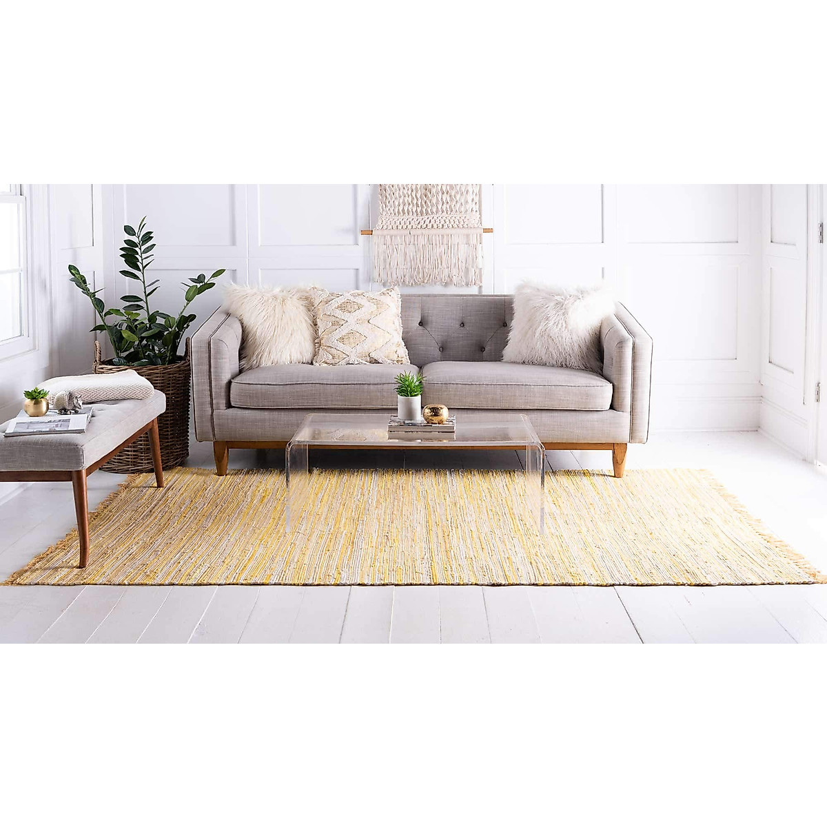 Unique Loom Chindi Cotton Collection Soft Hand Woven Natural Fiber Striped Area Rug, 9 ft x 12 ft, Yellow/Ivory