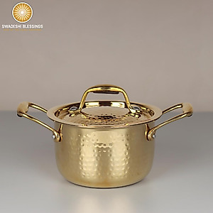 Swadeshi Blessings Exclusive Range Brass Pot for Cooking with Lid/Teflon-Free/Naturally Non-Stick Brass Utensils with Tin Coating (1 Litres)