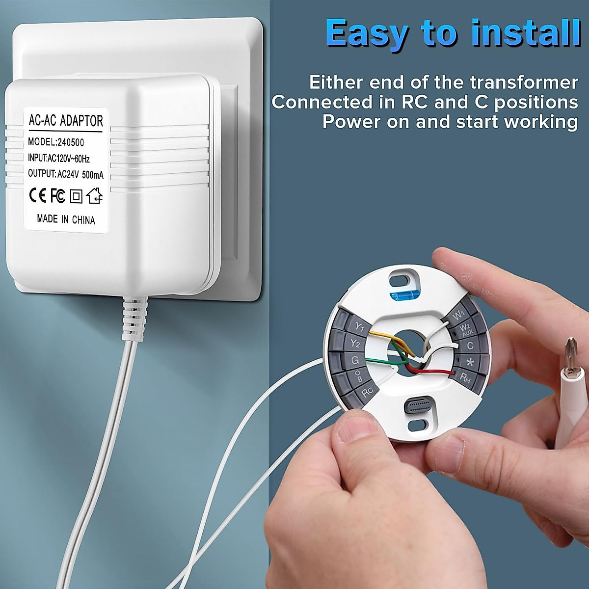 solsinsy 24V500mA Doorbell Power Adapter, 24V Transformer for Ring Doorbell,Video Doorbell,Nest, Ecobee, Sensi and Honeywell Thermostats, 24 Volt 500mA C-Wired AC Plug in Cord 16.5FT