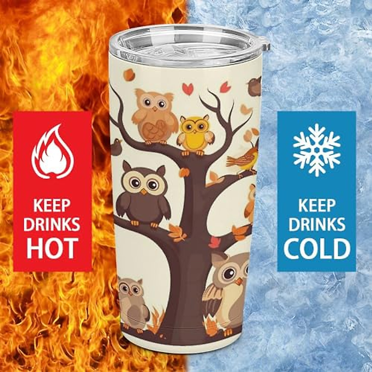 ZXDSKGYN 20 Oz Tumbler With Straw Leak Proof Thermos Cup, Cartoon Family Owls On The Brown Tree Stainless Steel Insulated Travel Coffee Mug Fit for Car Cup Holder