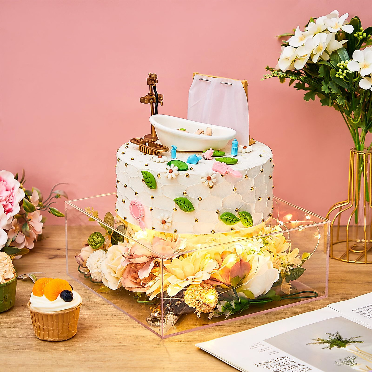 Sintuff 2 Pcs Square Acrylic Cake Stand 2 Tiers 6''/10'' Clear Fillable Cake Riser with LED String Light Cupcake Stand with Lid for Wedding Birthday Party Table Desserts