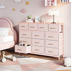 ODK Dresser with Charging Station, 57-Inch Long Dresser TV Stand for Bedroom, Large Dresser with 13 Storage Drawers, Chest of Drawers Easy-Pull Fabric Dressers for Living Room, Pink
