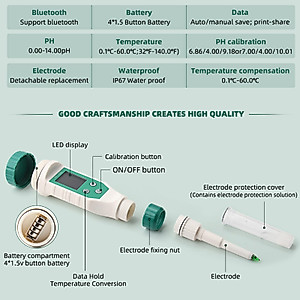 Focket 2 in 1 Smart Bluetooth PH Meter, APP Control Temp Meter, 0.01 Resolution High Accuracy PH Tester LCD Display Digital PH Meter for Drinking Water Hydroponics Aquarium