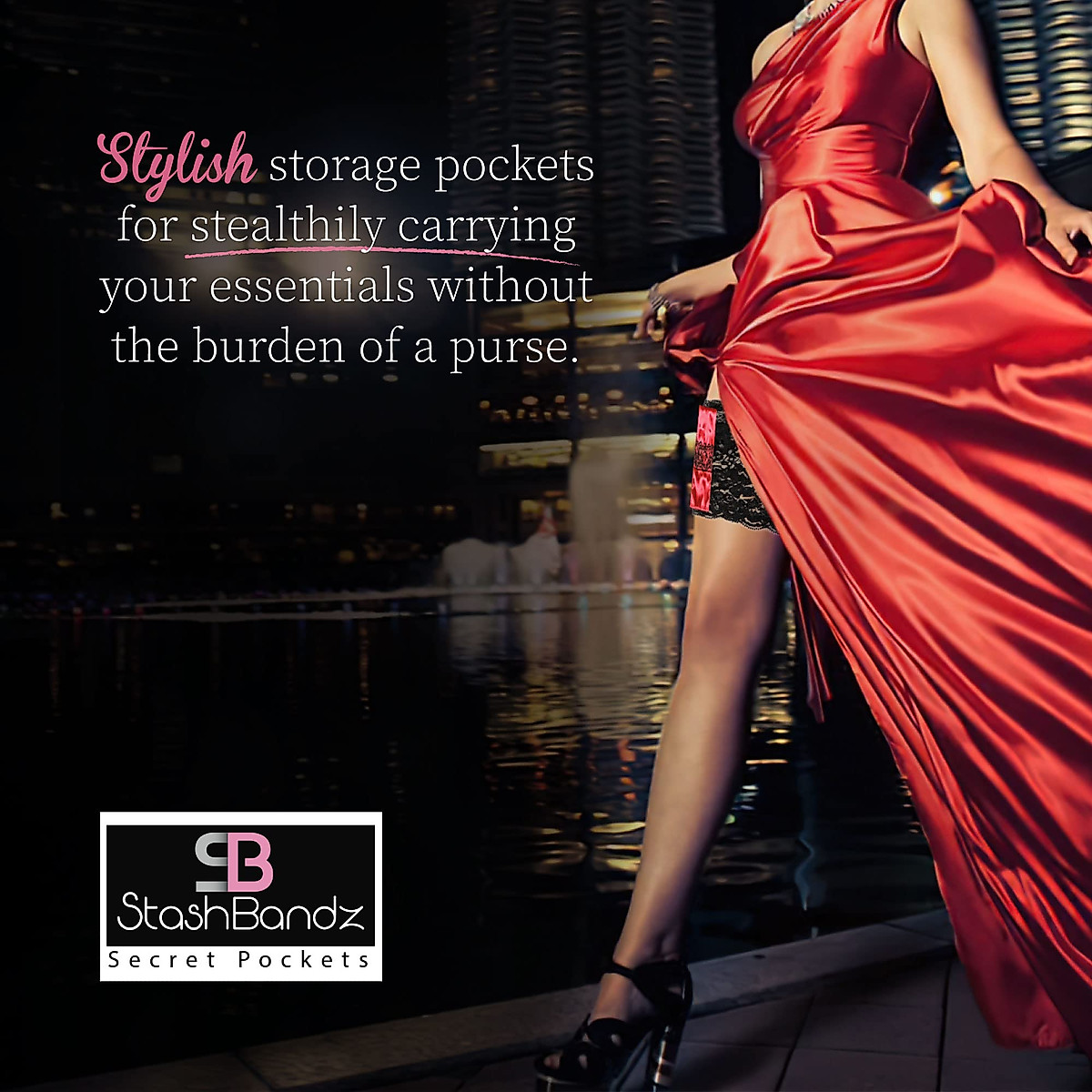 Stashbandz Thigh Bag Garter Purse, French Lace Wallet and Flask Holder, Stays Put Silicone Grip, 2 Ample Secured Pockets, Holds Any Size Phone, Money, Passport, & More