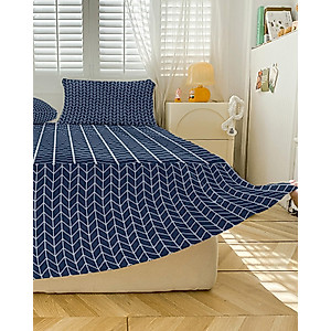 AMZRicher Navy Blue Wrap Around Pleated Bed Skirts for Queen Bed 60x80, Decorative Dust Ruffle Bed Sheet & Bedskirt 18'' Drop Bedspread with Pillow Case 20x30 Contemporary Geometric Modern Stripes
