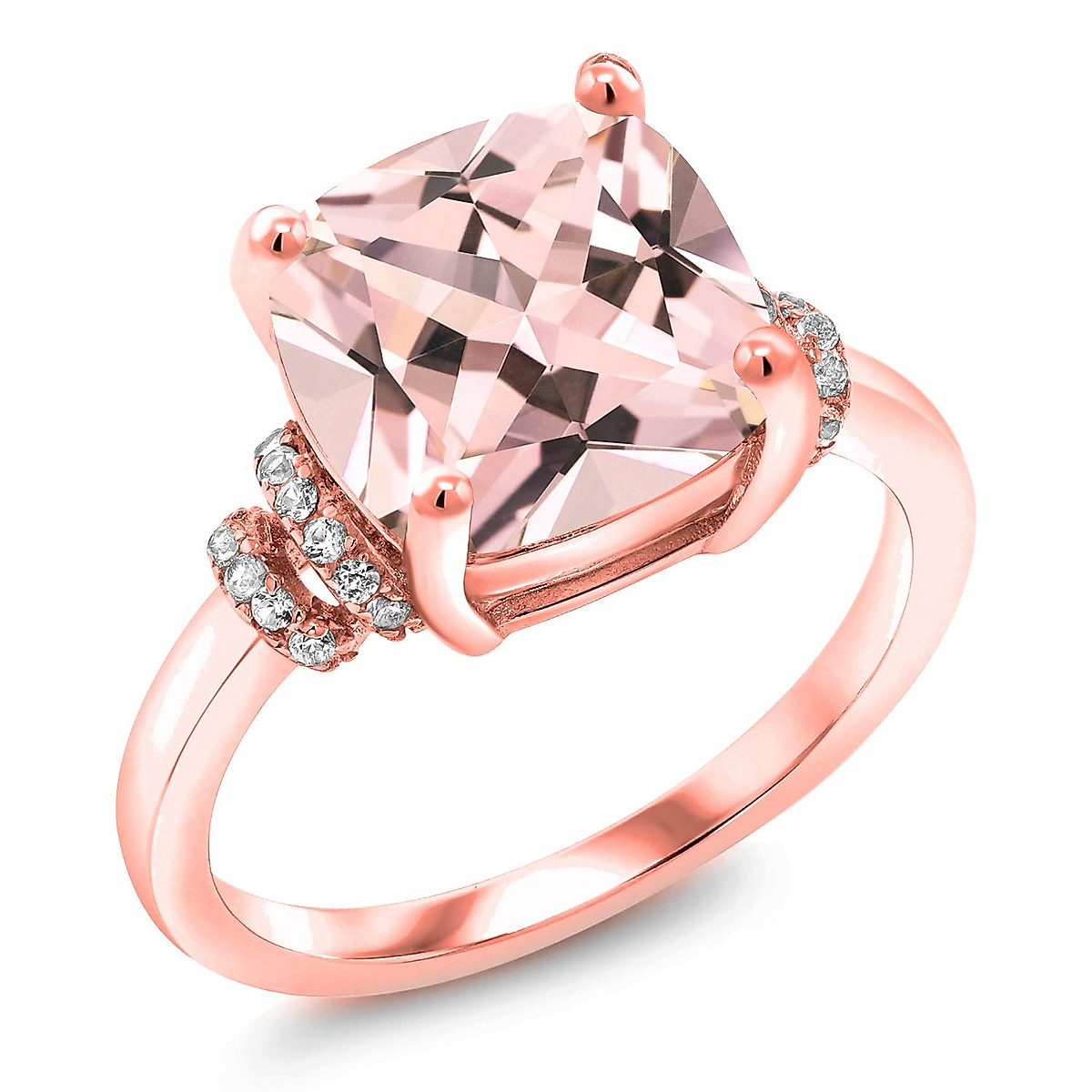 Gem Stone King 18K Rose Gold Plated Silver Peach Simulated Morganite Ring For Women (4.61 Cttw, Cushion Cut 10MM, Available In Size 5,6,7,8,9)