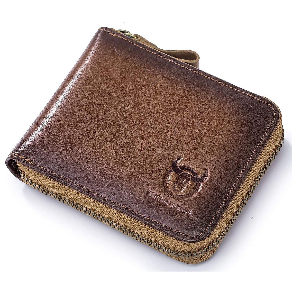 BULLCAPTAIN Mens Genuine Leather Zipper Wallet RFID Blocking Bifold Secure Zip Around Wallets Multi Credit Card Holder Purse (Handmade brown)