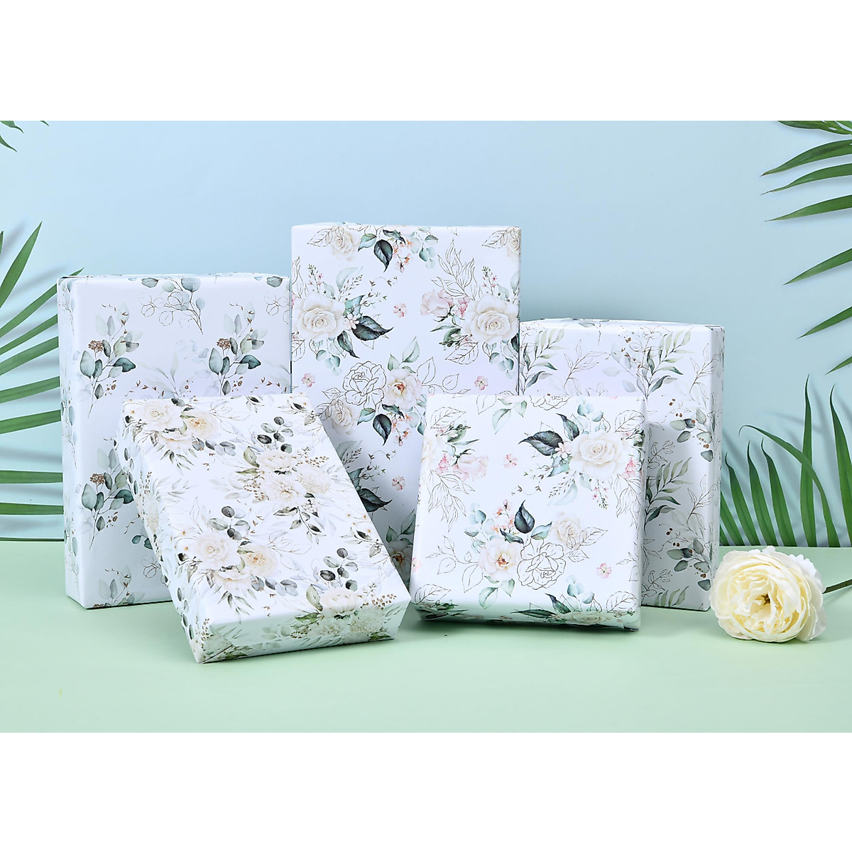 Titiweet Wedding Wrapping Paper - Green Leaves & White Rose Design, 12 Sheets Bridal Shower Wrapping Paper for Women, 20 x 28 Inches Per Sheet