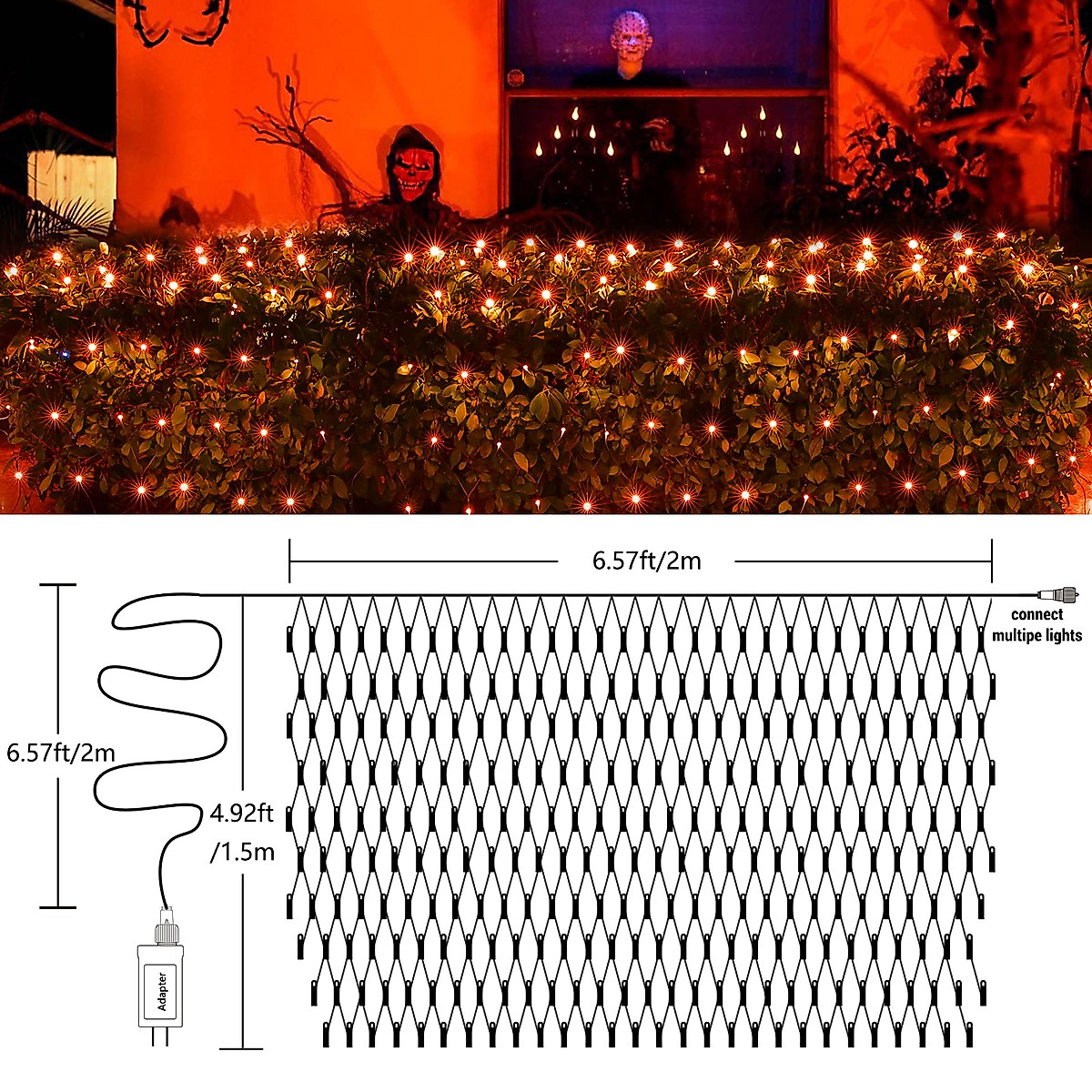 Flacchi Orange Net Lights 7 ft x 5 ft 200 LED 8 Modes Low Voltage Mesh Tree Lights Connectable Green Wire String Lights for Christmas Trees, Bushes, Garden, Halloween Outdoor Decorations