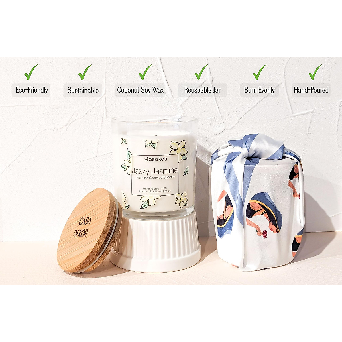 Jazzy Jasmine - Masakali Collection from Casa Dekor. Handmade Jasmine Scented Coconut Soy Wax Candle with Premium & Sustainable Ingredients. 7.5oz - Luxury Scented Candle