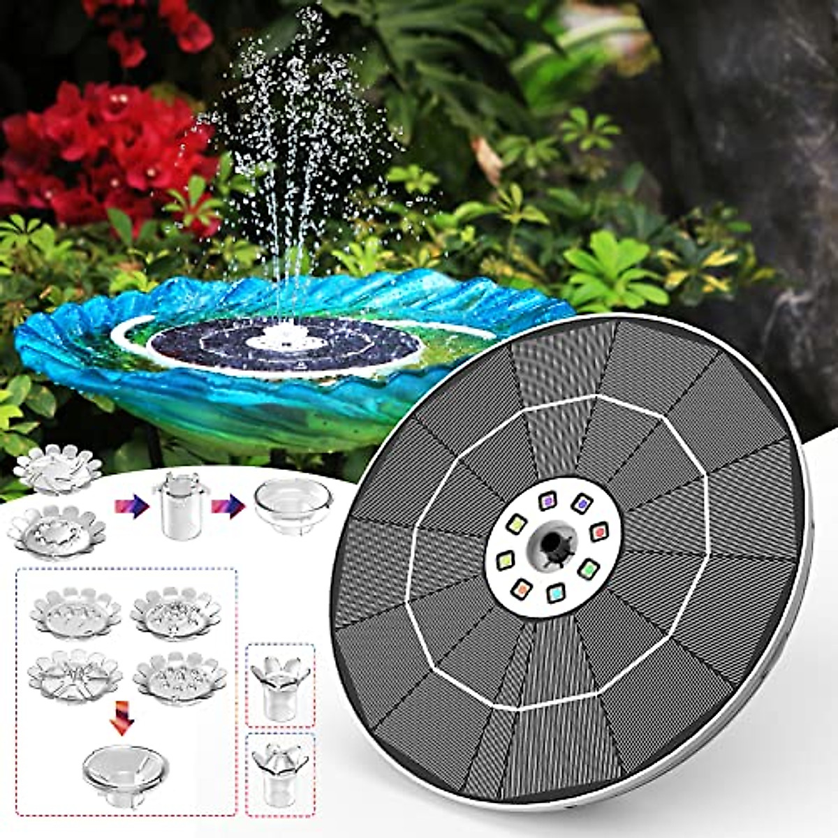 AISITIN 6.5W Solar Fountain with LED Colorful Lights & 3000mAh Battery, Solar Bird Bath Fountain Pump with Fixed Bracket and Multiple Nozzle, Solar Water Fountain Pump for Garden, Pond and Outdoor