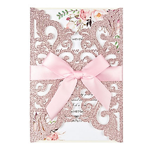 50PCS Wedding Invitation, Pink Laser Cut Invitations with Envelopes and RSVP Cards for Wedding Engagement Baby Bridal Shower Quinceanera Birthday Party Invites