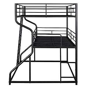 POCIYIHOME Full Over Twin Over Queen Size Triple Bunk Bed with 2 Ladders, Metal Low Bed Frame with Full-Length Guardrail for Kids Teens Girls Boys Bedroom, Space-Saving, No Box Spring Needed, Black