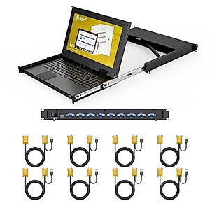 8 Port Rack Mount LCD KVM Console, Yinker VGA KVM Switch with 15.6 inch LCD Monitor, Fit 1U 19" Rack 600mm-deep Network Server Cabinet w/Keyboard Touchpad Drawer KVM Cables
