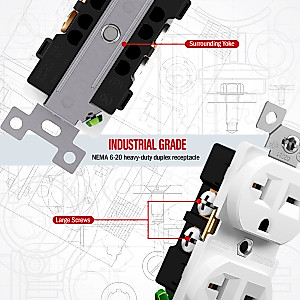 ENERLITES Duplex Receptacle, 20 Amp Electrical Wall Outlet, Industrial Grade, 2-Pole, 3-Wire, 20A 250V, UL Listed, 62081-W, White