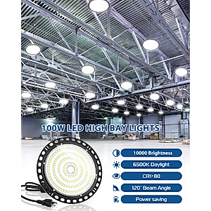 HAPYLUMI UFO LED High Bay Light 100W, 10000LM High Bay LED Shop Lights 6500K UFO Lamp with 6.5ft US Plug IP65 Waterproof UFO High Bay Commercial Area Lighting Fixture for Garage Barn Warehouse Gym