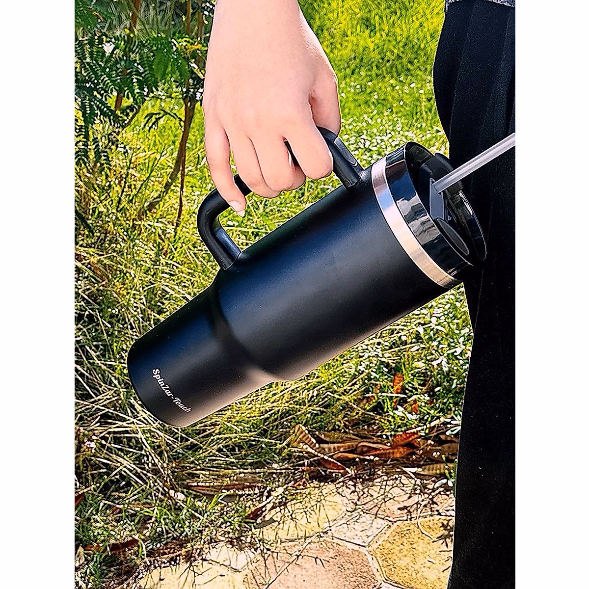 40 oz Tumbler with Handle and Straw, Black Insulated Travel Mug Iced Coffee Cup, Reusable Stainless Steel Insulated Water Bottle, Keeps Drinks Cold for 24 Hours, Dishwasher Safe, BPA Free, Large