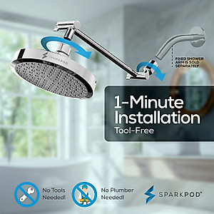 SparkPod Round Rain Shower Head with Shower Head Extension Arm - High Pressure Rain - Luxury Modern Look - No Hassle Tool-less 1-Min Installation (11" Shower Arm Extension, Luxury Polished Chrome)