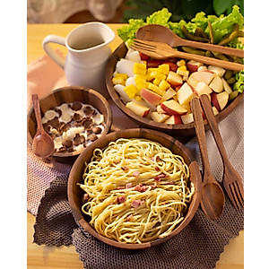 Large Acacia Wood Nesting Round Set 3 Serving Bowls 9½” 8½” 7” with Utensils Wooden Forks and Spoons Mix size Stackable Dish for Fruit Salad Vegetables Pasta Soup Cereals Decorative Wooden Nest Bowl