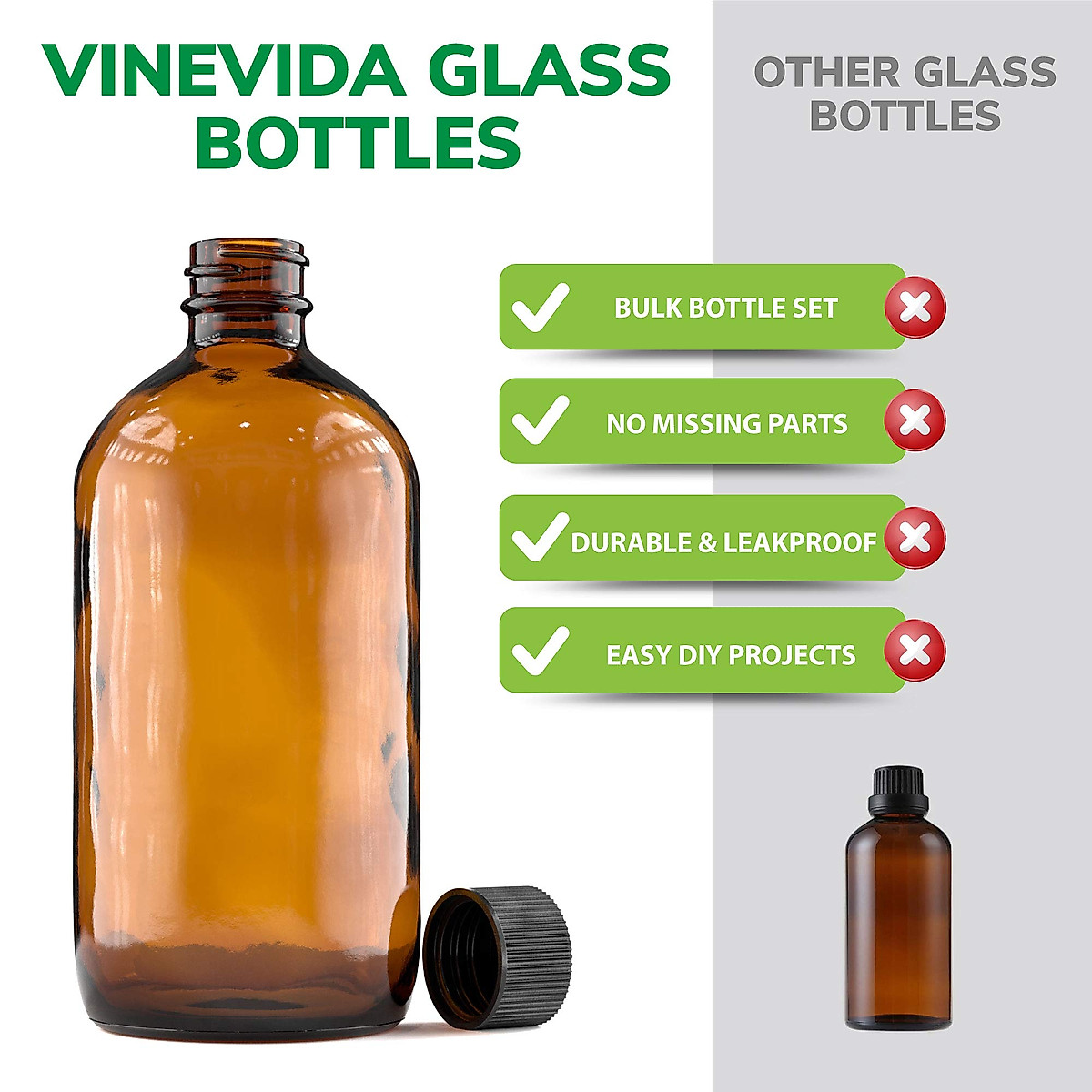 VINEVIDA 8 oz Amber Glass Bottles - 50 Pack Amber Boston Glass Bottles With Poly Cap - Bulk Glass Bottles - Empty Tincture Bottles for Essential Oils, Lab Chemicals, and Perfumes - Refillable Bottles