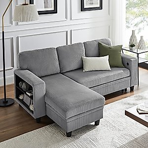 RedLemon 80”Sleeper Sofa Bed,L-Shaped Convertible Sectional Striped Couch Bed with Storage Chaise,2 Built-in Bookshelves and USB Charging Port - Light Grey