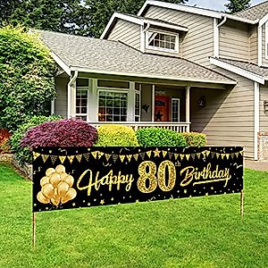 Happy 80th Birthday Banner Decorations for Women Men, Black Gold 80 Birthday Sign Party Supplies, 80 Year Old Birthday Backdrop Background Decor for Indoor Outdoor