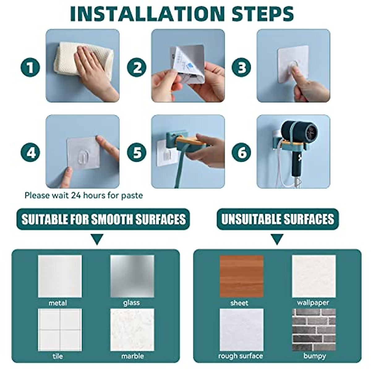 360° Rotatable Hair Dryer Holder Wall Mounted, ZOOS Hands Free Hair Dryer Stand, Universal Blow Hair Dryer Holder Wall Mount, Self Adhesive Hair Dryer Rack for Child Pregnant Woman Disabled