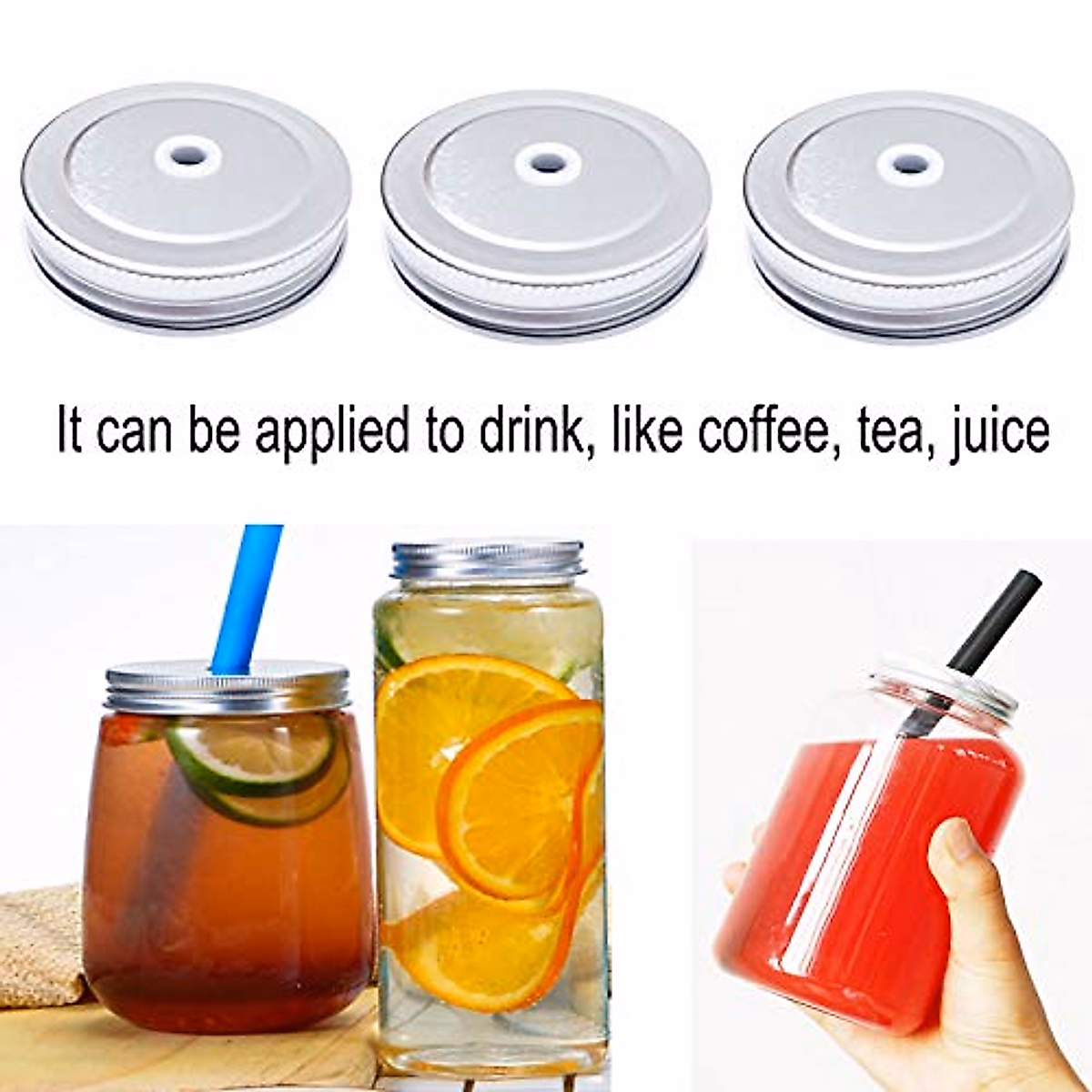 Luckkyme Mason Jar Lids, 20 Pieces Bottle Cap with Straw Hole/Silicone Rings Compatible with Mason Jar