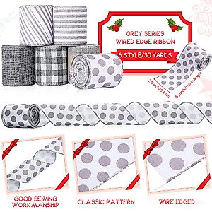 6 Rolls 30 Yards Christmas Wired Edge Ribbons 2.5 inch Buffalo Plaid Ribbon Candy Cane Striped Craft Ribbon Polka Dot Wrapping Ribbon for Christmas Tree Birthday Party Decorations (Gray)