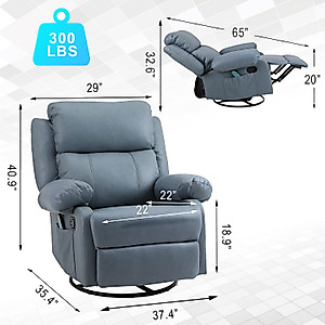 Kasorix Swivel Rocker Recliner Chairs, Nursery Glider Chair, Nursery Rocking Chairs, Overstuffed Manual Massage Recliners with Heat, Faux Leather Reclining Chair Single Sofa (Light Blue)