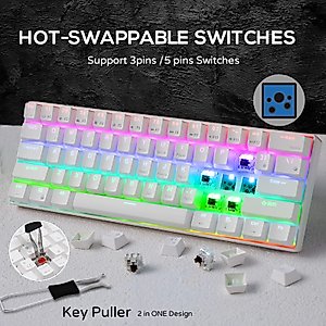 RK ROYAL KLUDGE RK61 60% Mechanical Keyboard with Coiled Cable, 2.4Ghz/Bluetooth/Wired, Wireless Bluetooth Mini Keyboard 61 Keys, RGB Hot Swappable Red Switch Gaming Keyboard with Software - White