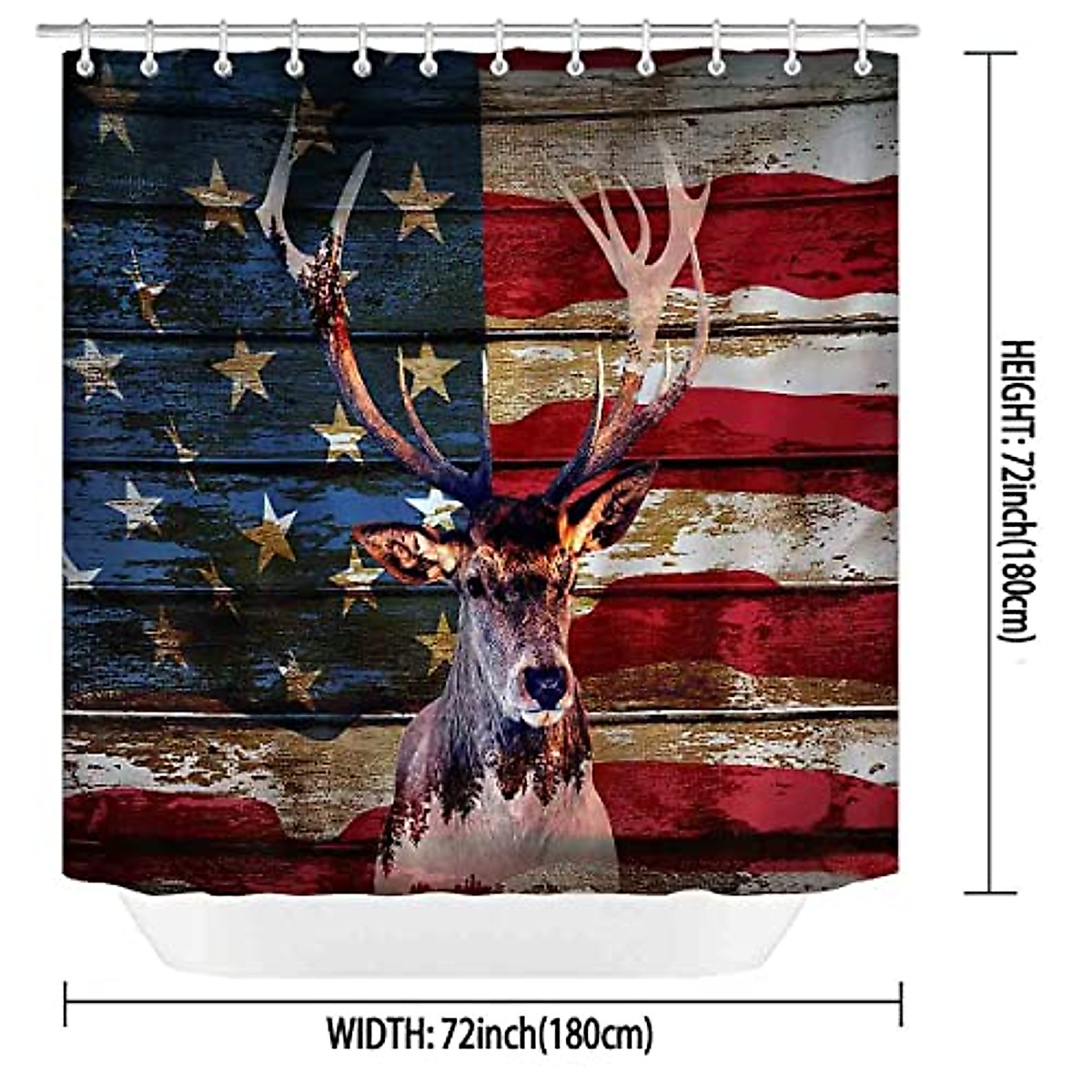 Dia Magico 4PCS Deer Shower Curtain Set, American Flag Patriotic Elk Antlers Moose Woodland Forest Animal Hunting Lodge Cabin Rustic Farmhouse Bathroom Decor, Fabric Shower Curtain Non-Slip Bath Mat