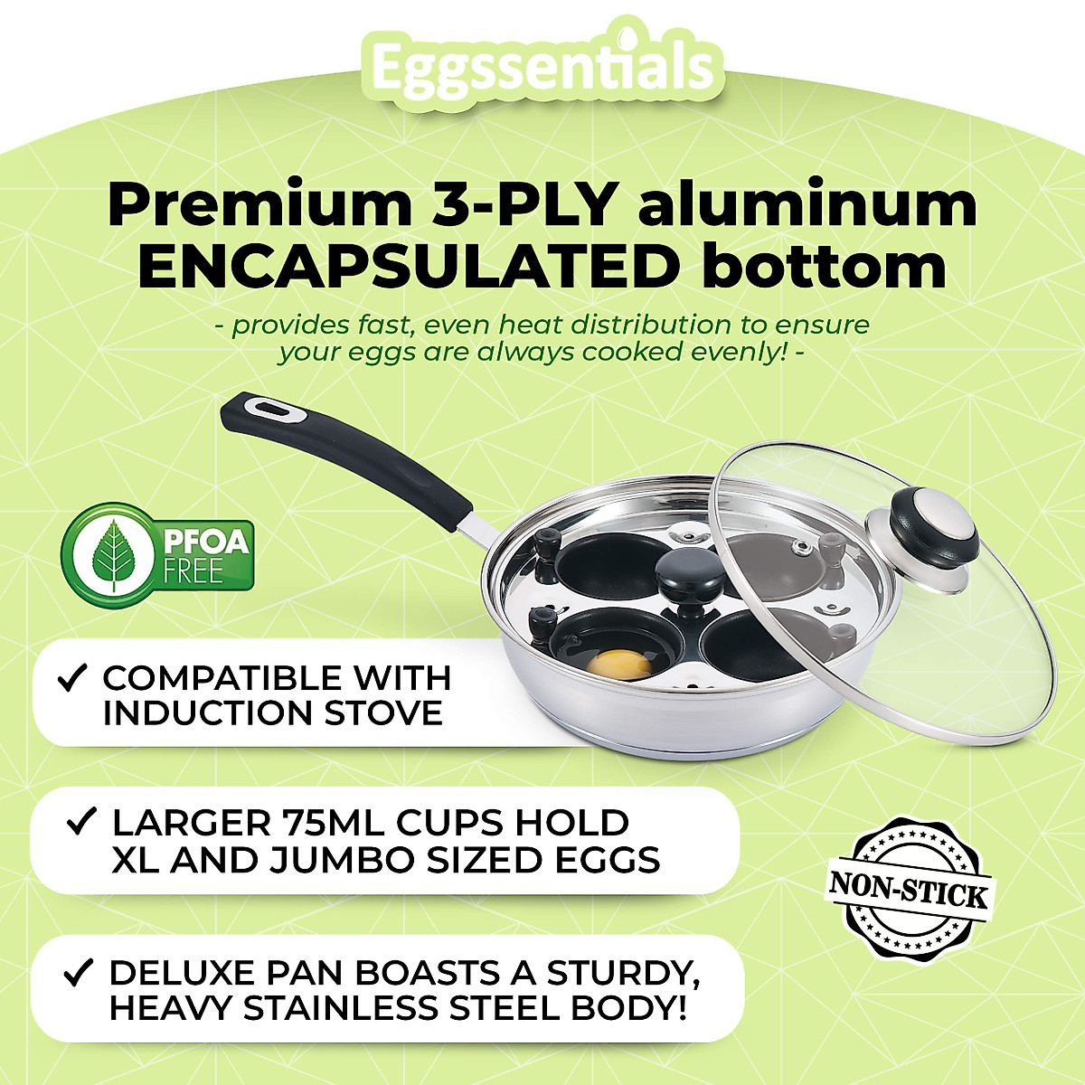 Egg Poacher - Eggssentials Poached Egg Maker, Stainless Steel Egg Poaching Pan, Poached Eggs Cooker Food Grade Safe PFOA Free with Spatula