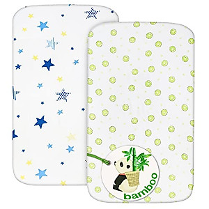 Muslin Bassinet Sheets Fit for Mika Micky, Baby Delight, Graco, Angelbliss, Maxi Cosi and Other Rectangle Bassinet Mattress (16''×32''/17"x32"/20''x33''), Ultra Soft Bamboo Cotton, Star & Kiwi, 2 Pack