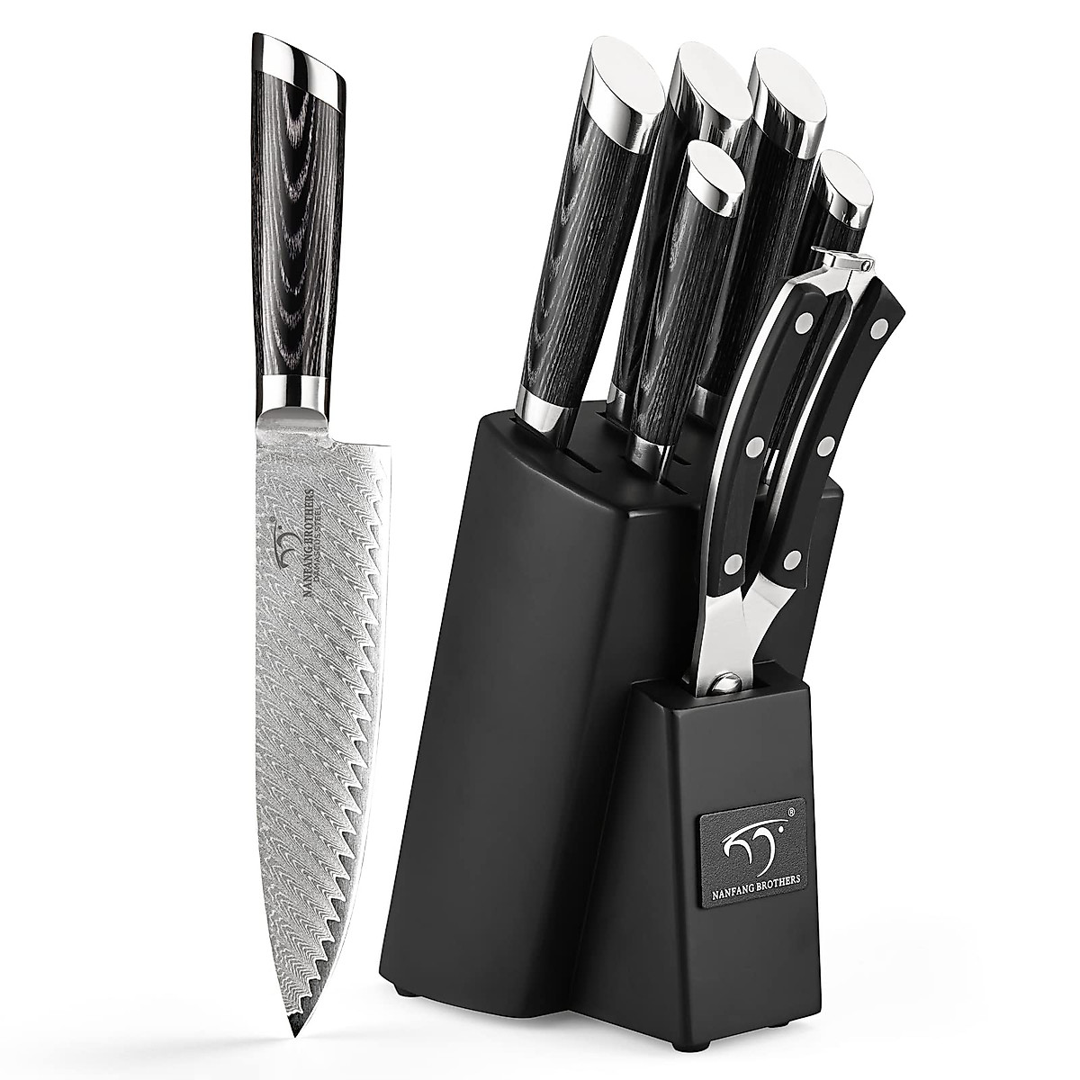 NANFANG BROTHERS Damascus Knife Set with Block,Japanese Knife Set,Chefs Knife Sets Professional,7 Pieces,with Block,Chef Knife,Bread Knife & Santoku Knife,Paring Knife,Shears