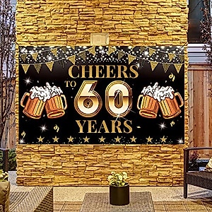 Cheers to 60 Years Backdrop Banner, Happy 60th Birthday Decorations for Men Women, 60th Anniversary Decorations, 60th Reunion, Black Gold 60 Years Celebration Party Decor, Vicycaty (6.1ft x 3.6ft)