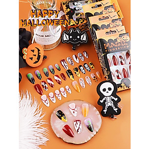 144PCS Halloween False Nails, Lorvain Halloween Artificial Nails Acrylic Full Cover Nails Fake Fingernails Press on Nails with 6PCS Nail Glue for Women Girls DIY Nail Art Salon Home (Almond)